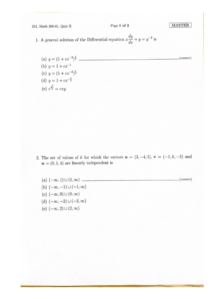 241 Math 208-01 Quiz II Solution | PDF