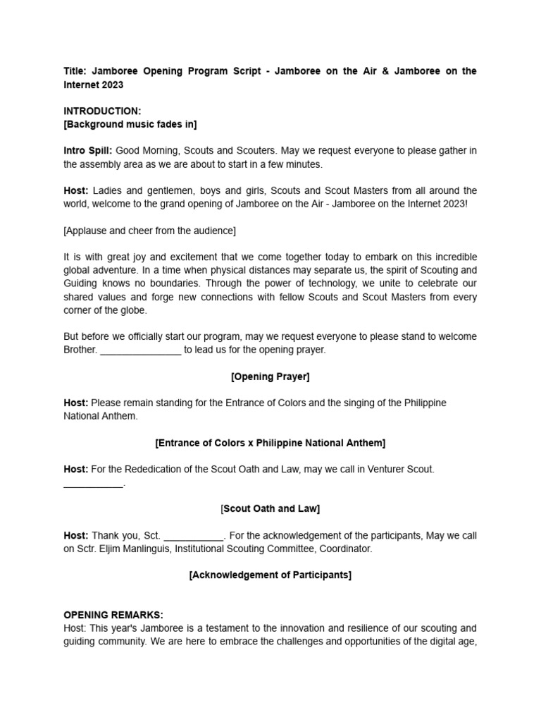 Title - Jamboree Opening Program Script - Jamboree On The Air ...