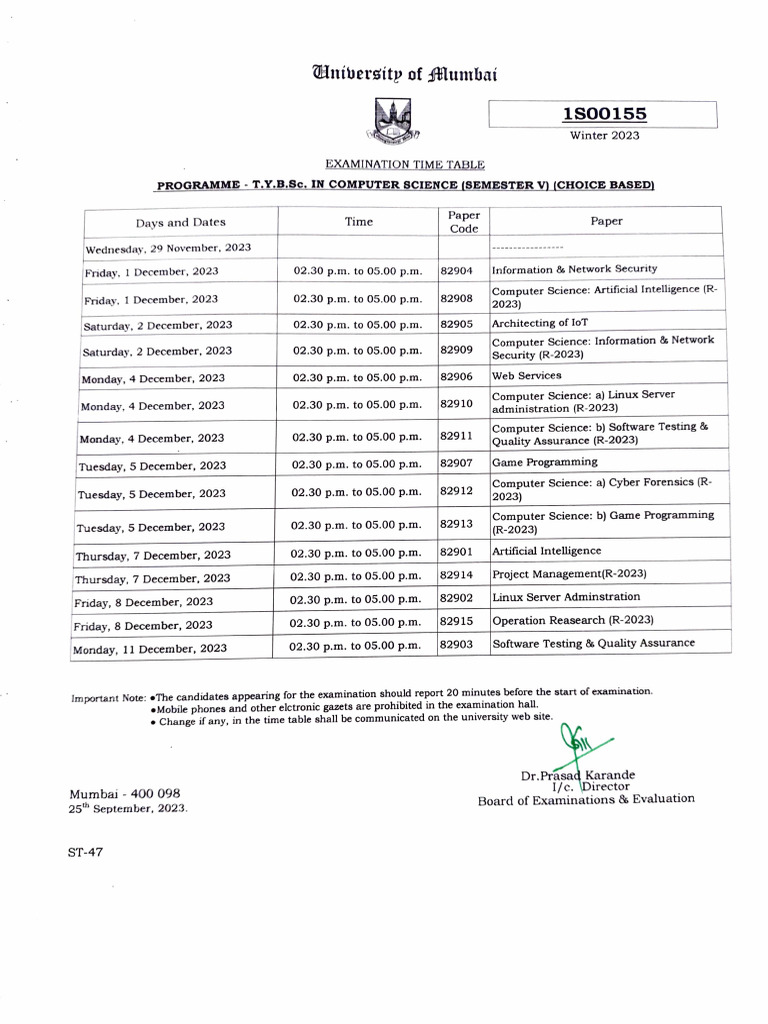 BSC CS Choice Based Sem 5 Time Table 1S00155 w23 E Next in | PDF