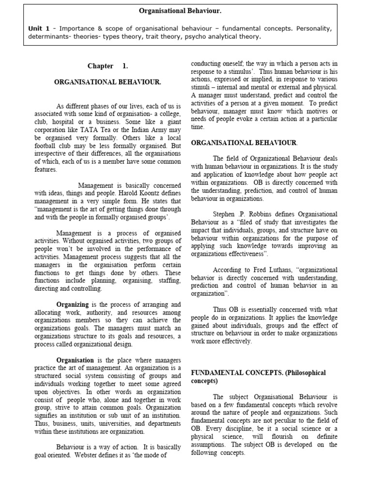 Organisational Behaviour.: Unit 1 | PDF | Psychology | Organizational ...