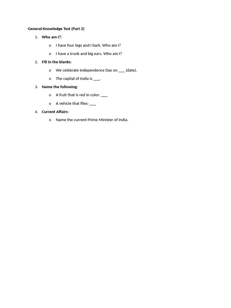 Kids General Knowledge Quiz Pdf Foreign Language Studies