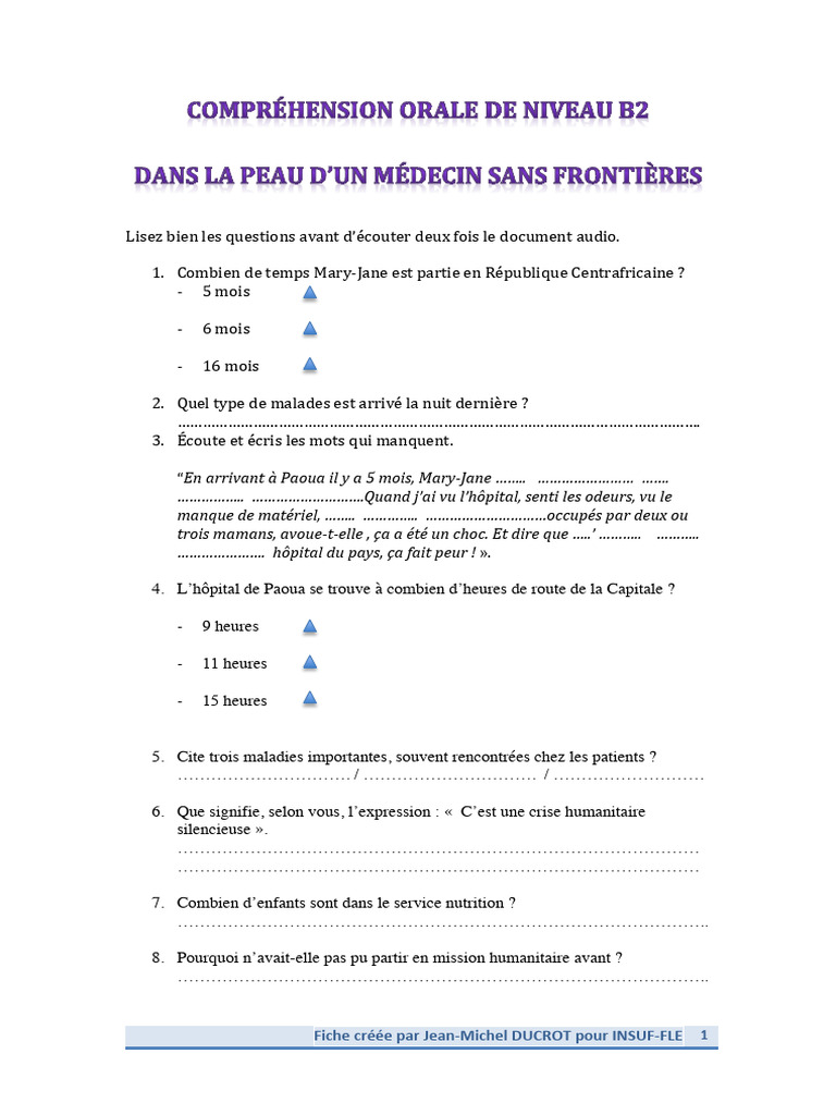 Fiche Écoute. Dans La Peau D'un Médecin Sans Frontières B2 FLE | PDF