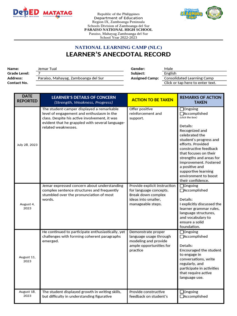 ANECDOTAL RECORD NLC Jemar | PDF | Learning | Vocabulary