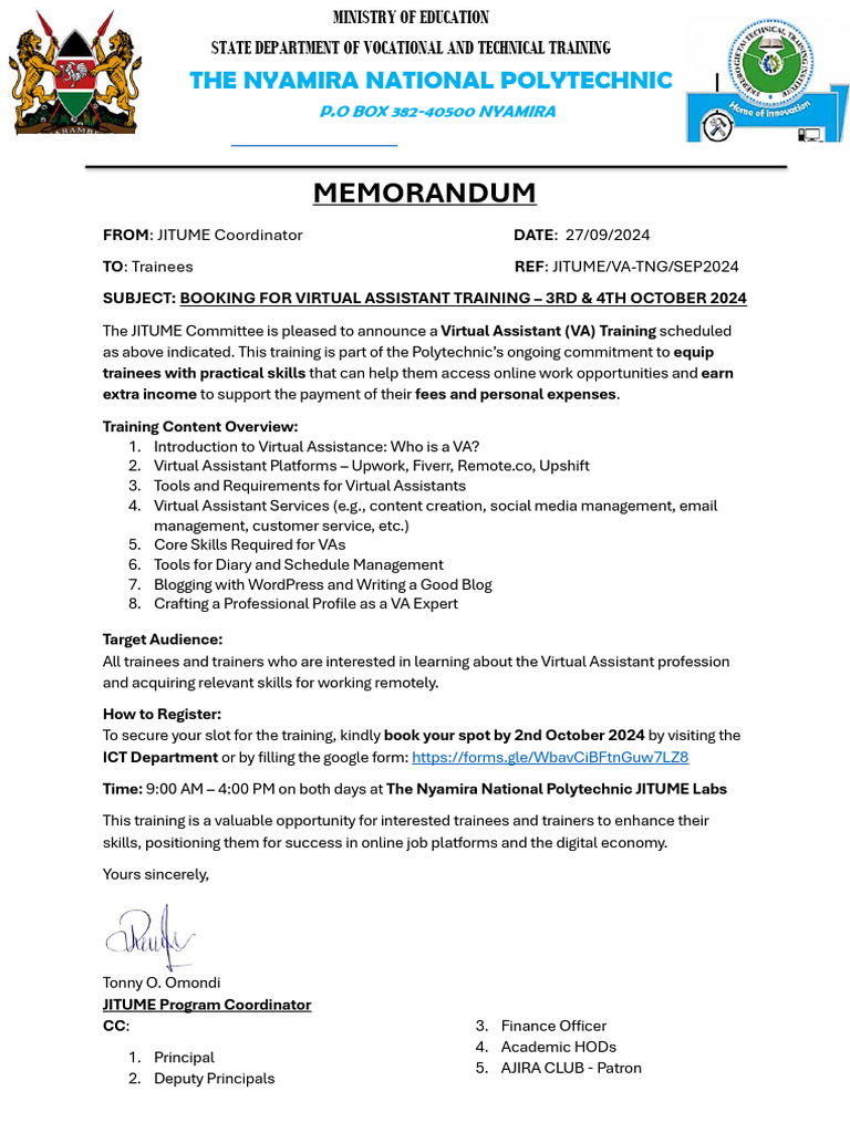 Virtual Assistant Trainng Memo | PDF