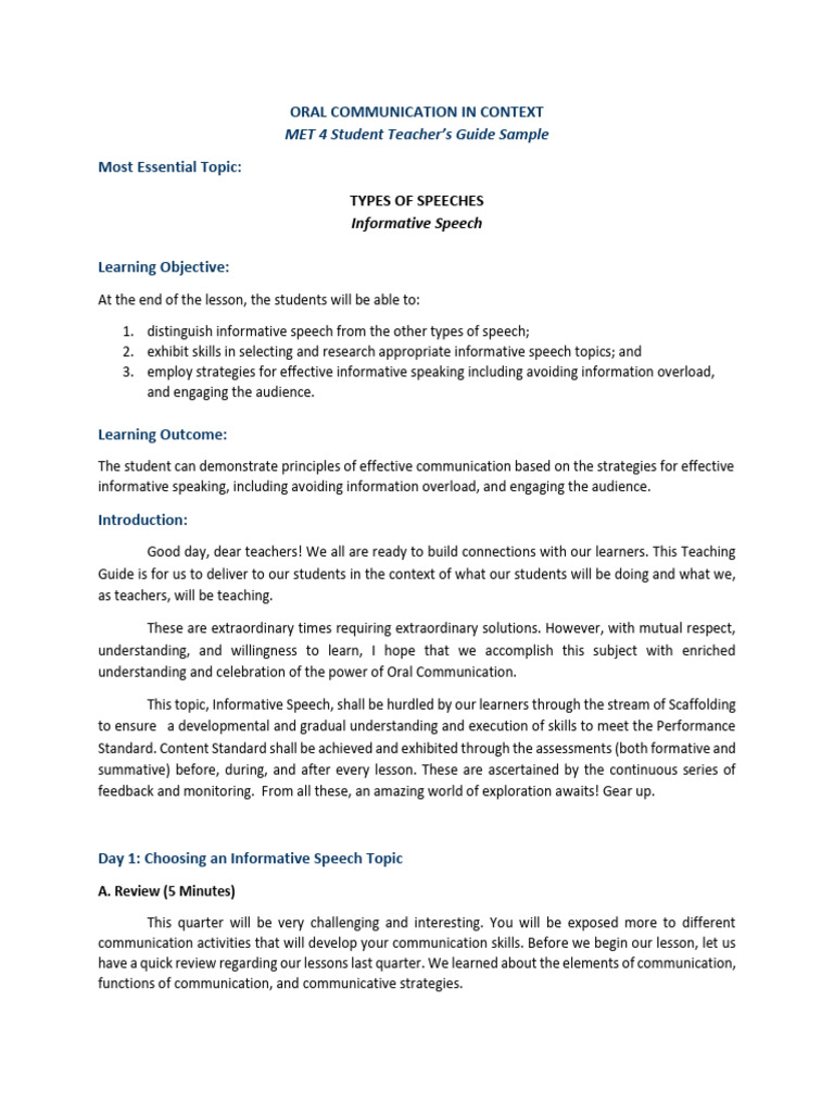 Part 5. Sample Teaching Guide | PDF | Public Speaking | Information