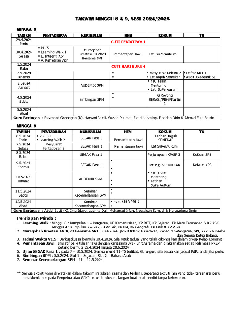 Takwim Minggu 8 & 9, Sesi 2024/2025 | PDF