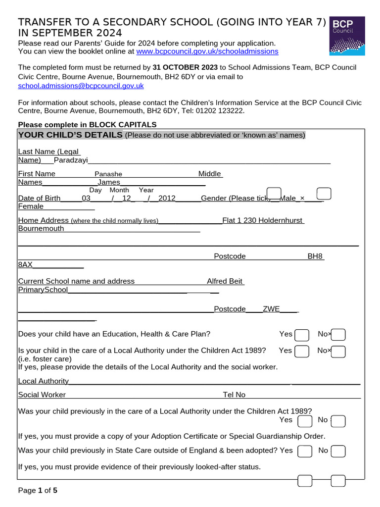 Secondary 2024 Application Form | PDF | Social Institutions
