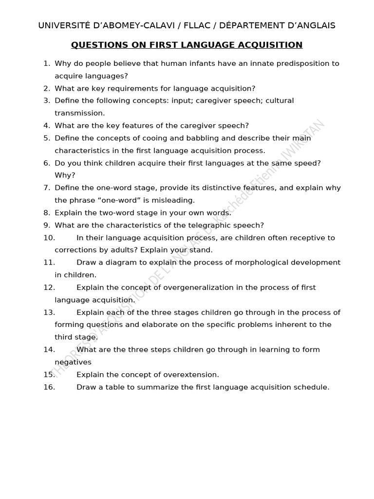 Questions On First Language Acquisition | PDF