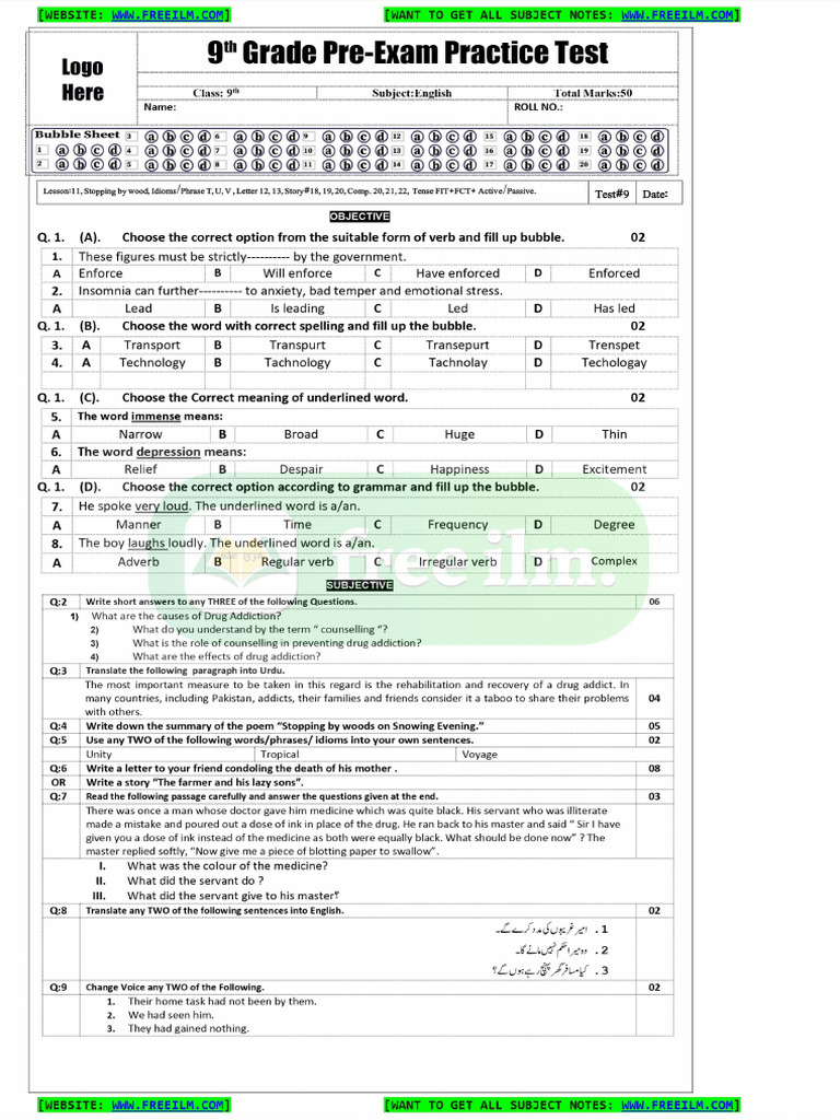 9th English Test Paper 9 | PDF