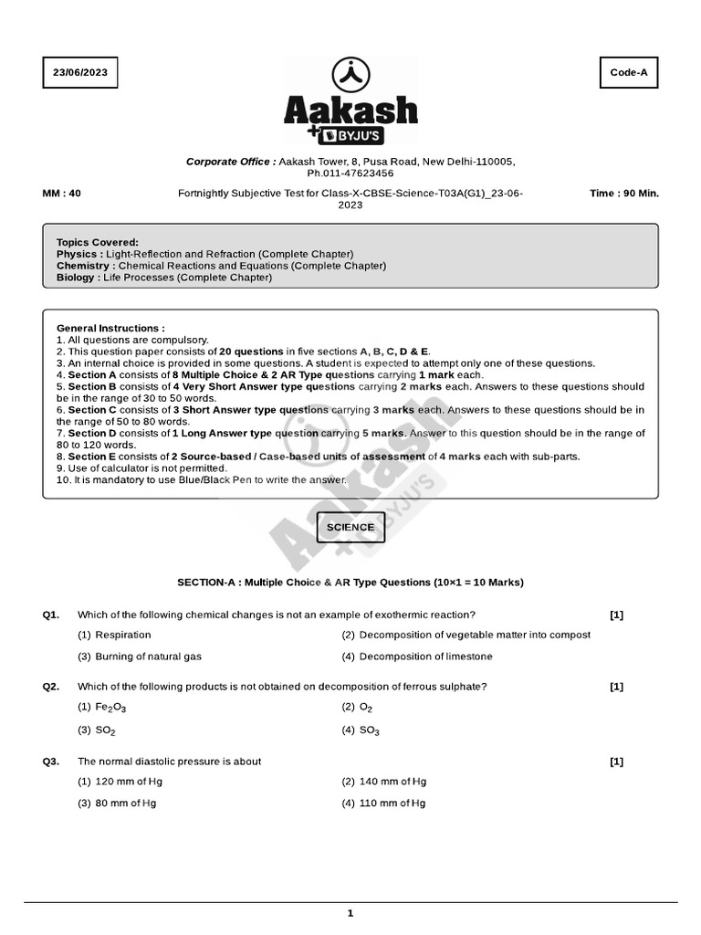 FST-3A (CBSE - G-1) Science (C-10) (23-06-2023) | PDF FST-3A (CBSE - G-1) Science (C-10) (23-06-2023) | PDF