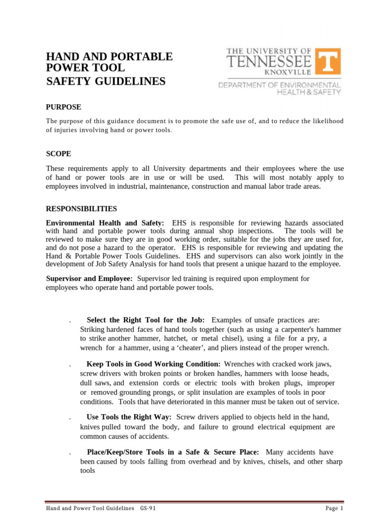 Hand and Portable Power Tool Safety Guidelines: Purpose | PDF