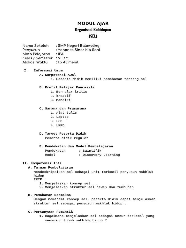 Modul Ajar: Organisasi Kehidupan (SEL) | PDF