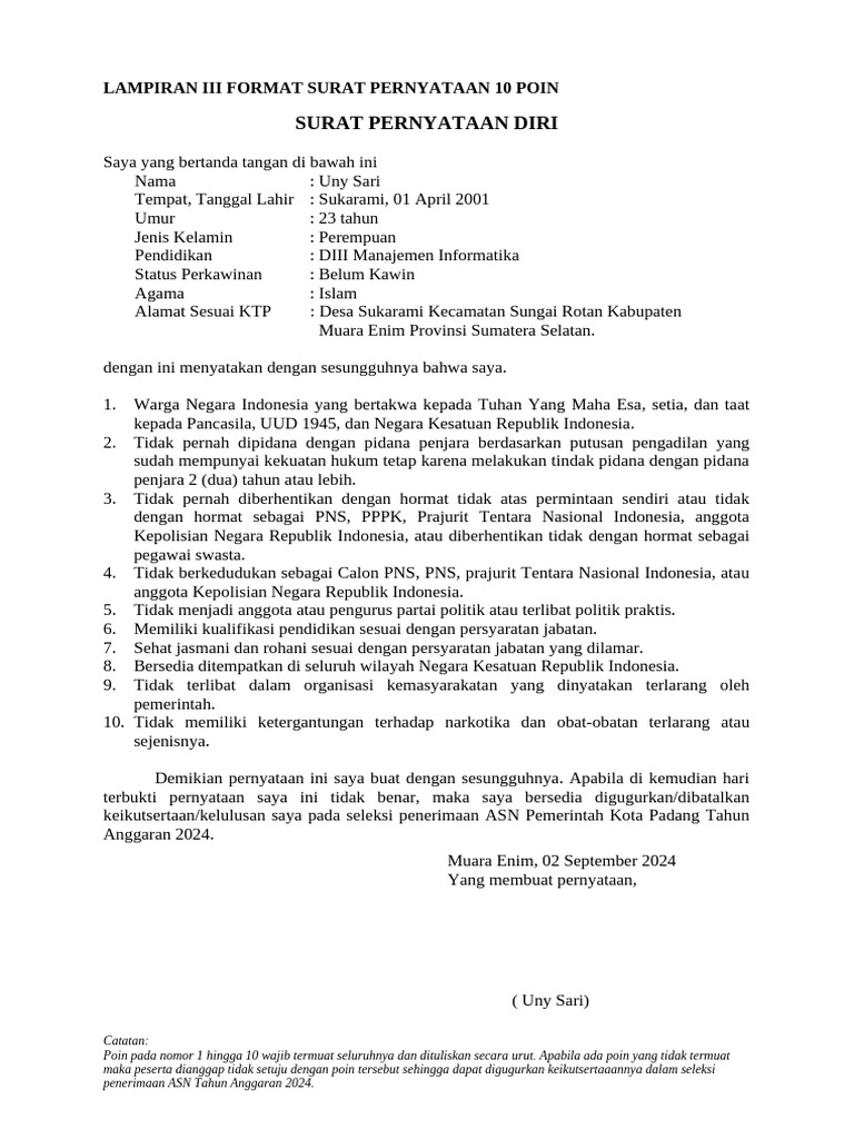 Lampiran Iii Format Surat Pernyataan 10 Poin | PDF