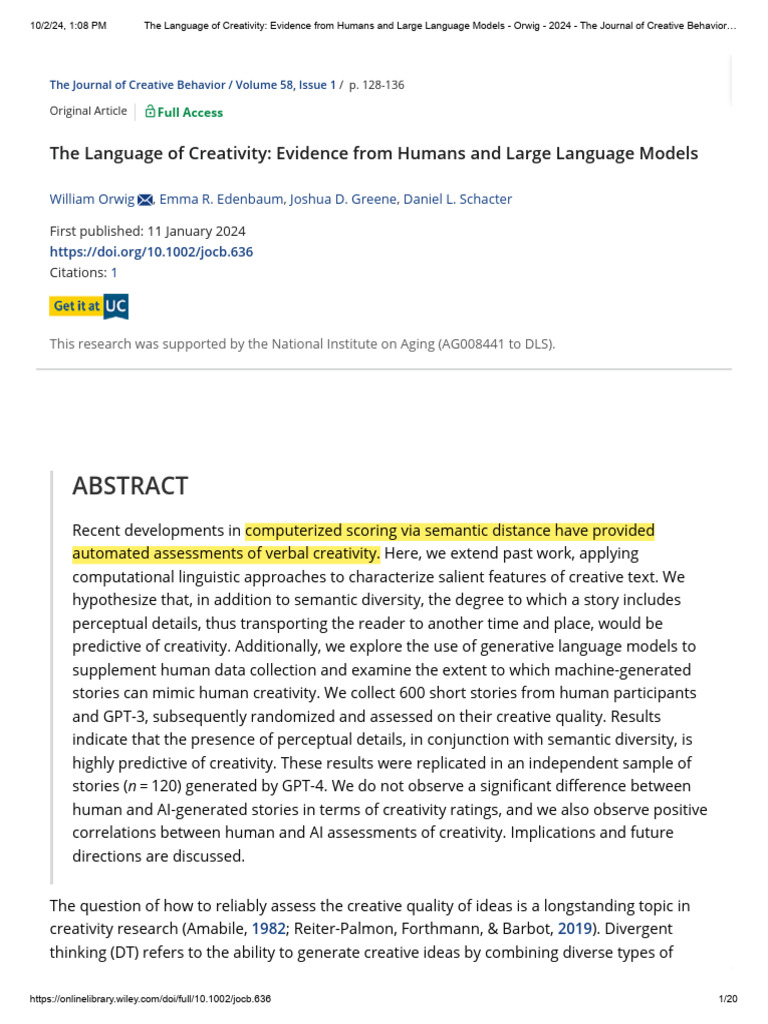 The Language of Creativity - Evidence From Humans and Large Language Models - Orwig - 2024 - The ...