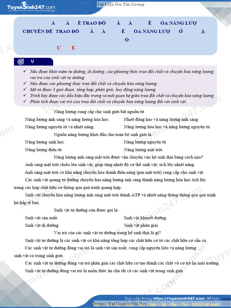 BTVN Khai Quat Ve Trao Doi Chat Va Chuyen Hoa Nang Luong 1690508823 | PDF