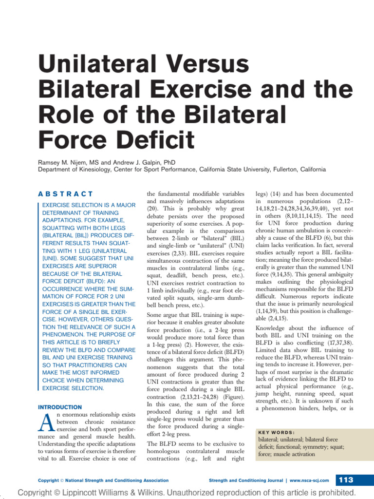 Unilateral Versus Bilateral Exercise and | PDF