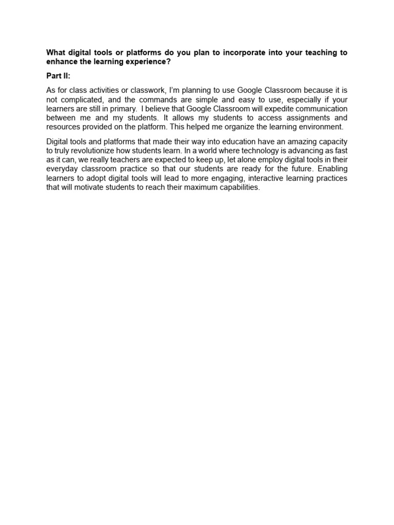 What Digital Tools or Platforms Do You Plan To Incorporate Into Your Teaching To Enhance The ...