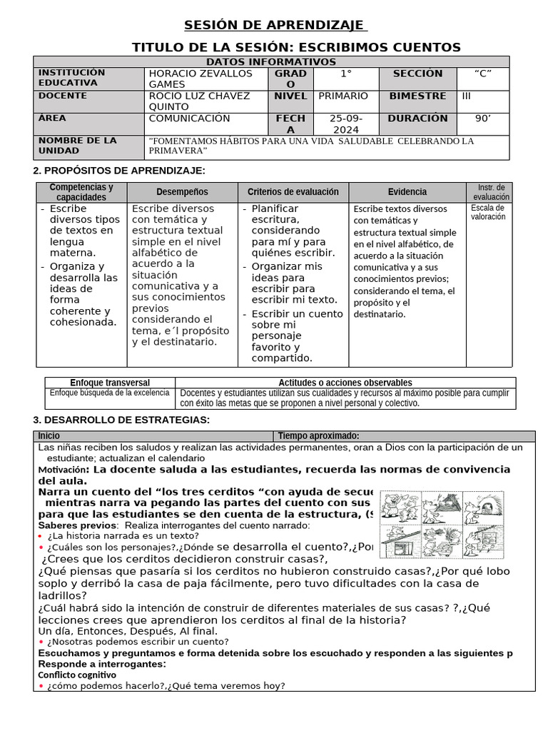 SESIÓN DE APRENDIZAJE.docxCREAMOS CUENTOS | PDF