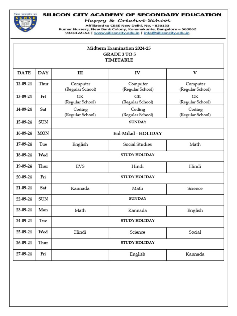 Midterm Examination Timetable 24-25 | PDF
