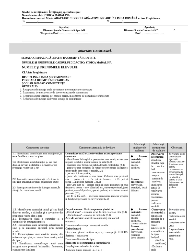 MODEL-_ADAPTARE-CURRICULARA_CLR-CLASA-PREGATITOARE (2) | PDF