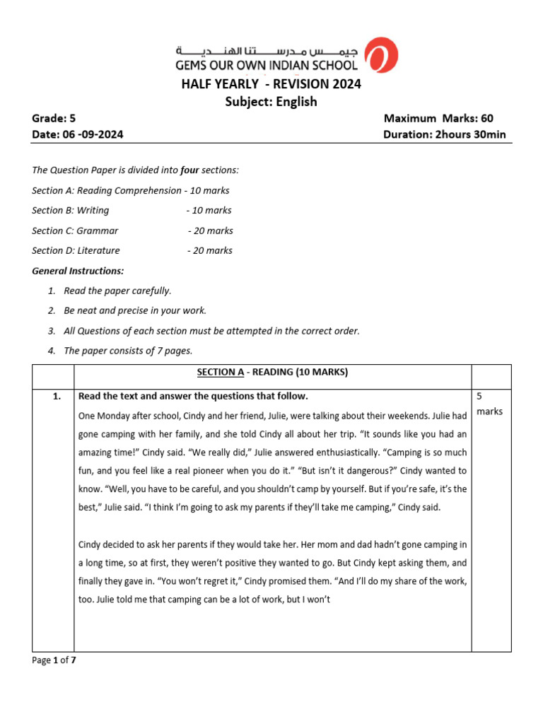 Revision Paper Grade 5 English | PDF