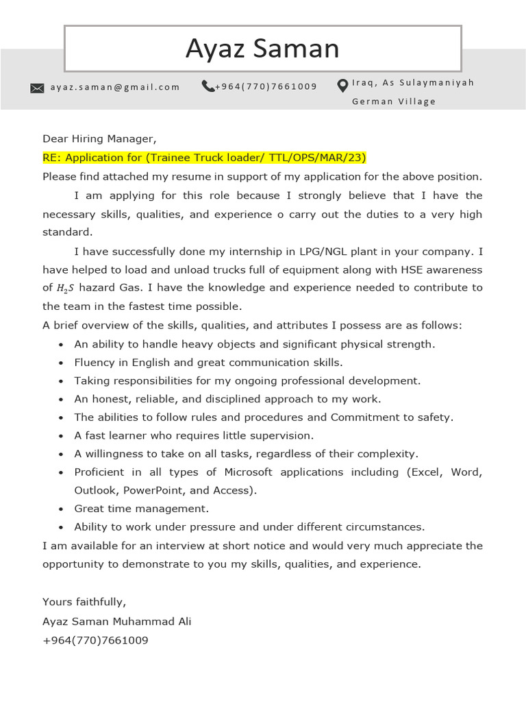 Ayaz Saman Cover Letter | PDF