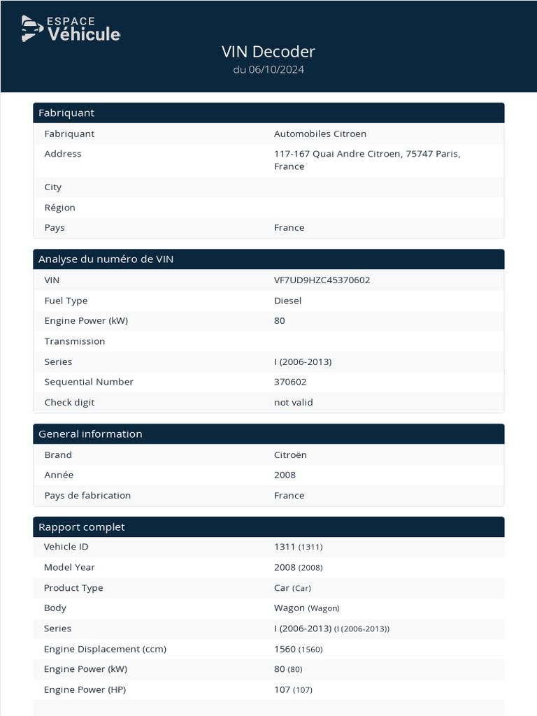 Vin Decodeur VF7UD9HZC45370602 | PDF