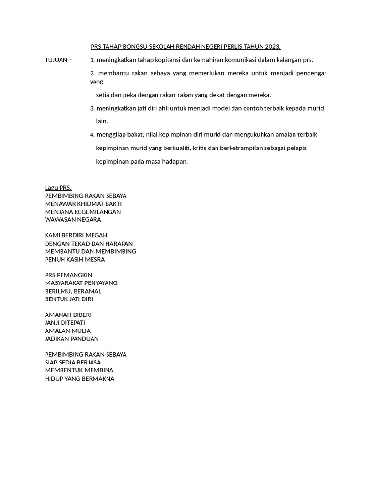 PRS Tahap Bongsu Sekolah Rendah Negeri Perlis Tahun 2023 | PDF