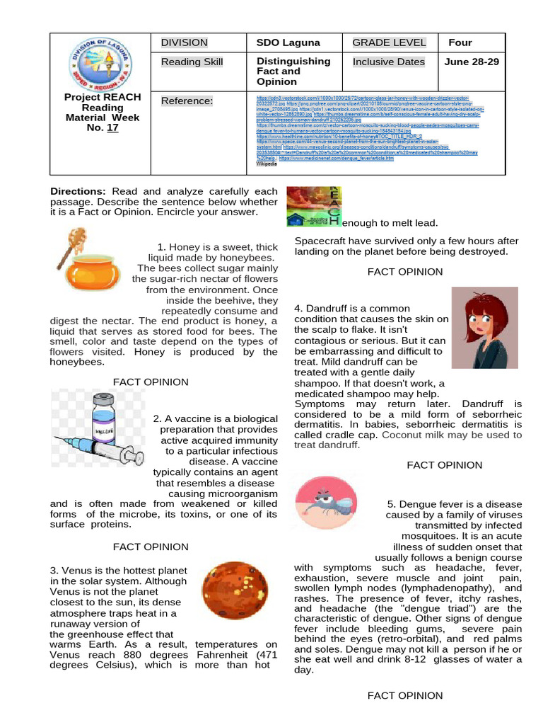 GRADE 4 Independent Distinguishing Between Fact and Opinion 2 June 28 ...