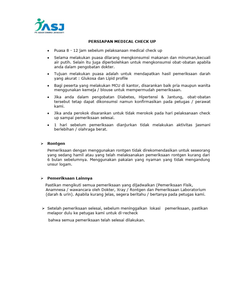 Persiapan MCU Karyawan ASJ | PDF