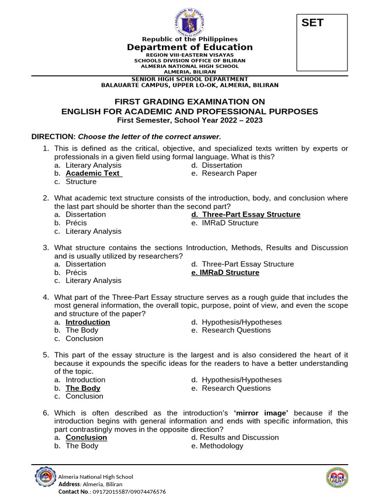 1st Grading Exam Text EAPP With Answer Key | PDF