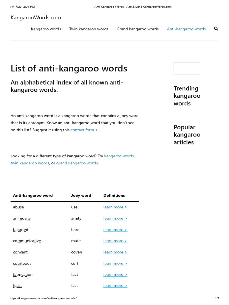 Anti-Kangaroo Words - A To Z List | PDF