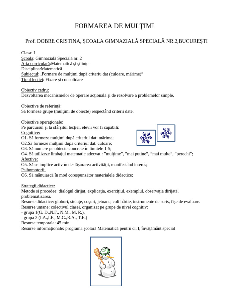 Proiect Lectie Mate - Prof. Dobre Cristina | PDF