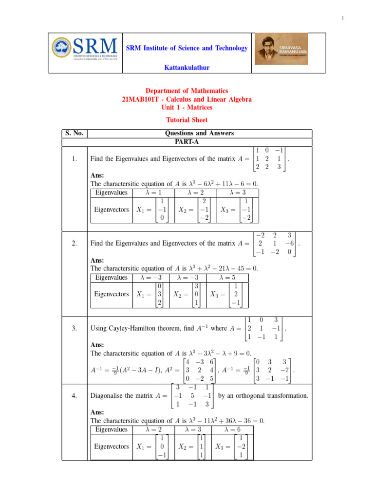 21MAB101T-Solution To Tutorial Sheet-Unit-1 | PDF