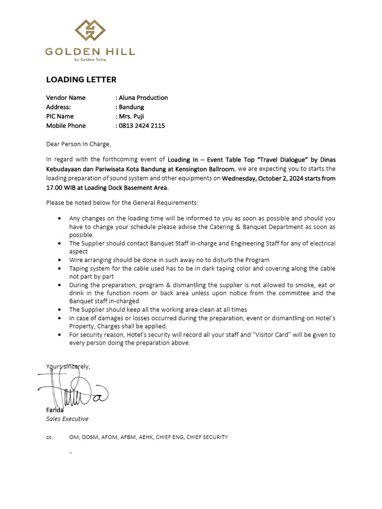 LOADING LETTER - ALUNA PRODUCTION | PDF