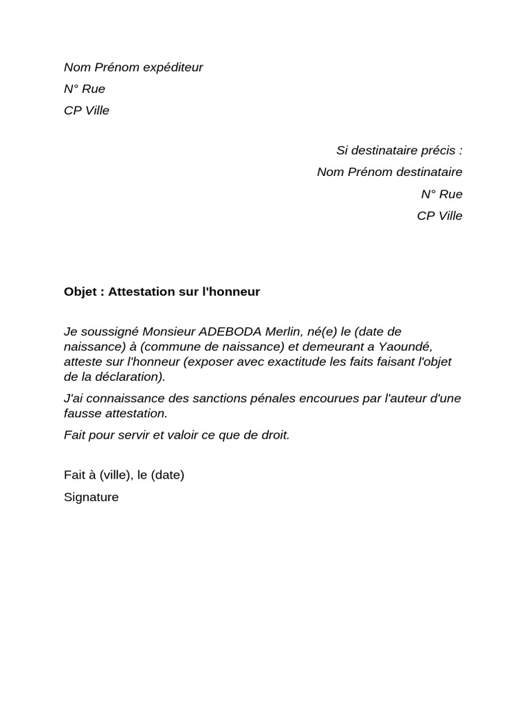 Modèle Attestation Sur Lhonneur | PDF