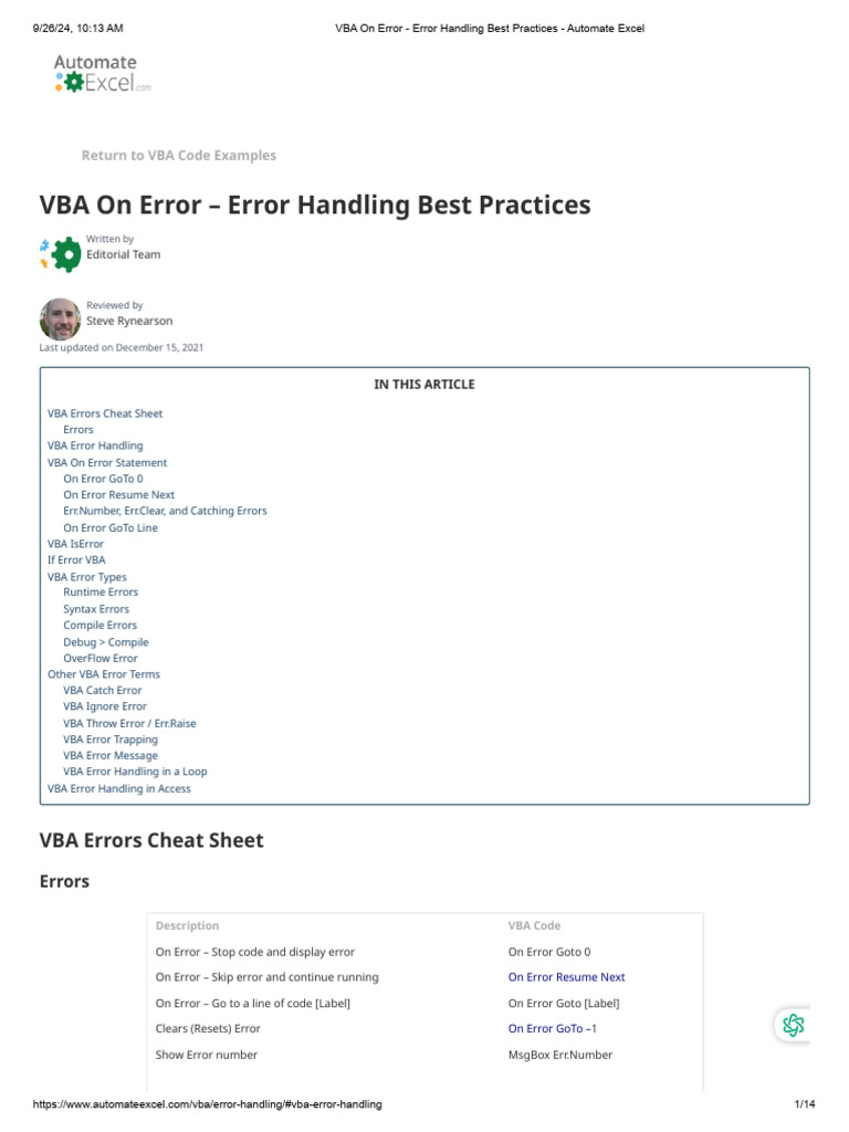 VBA On Error - Error Handling Best Practices - Automate Excel | PDF
