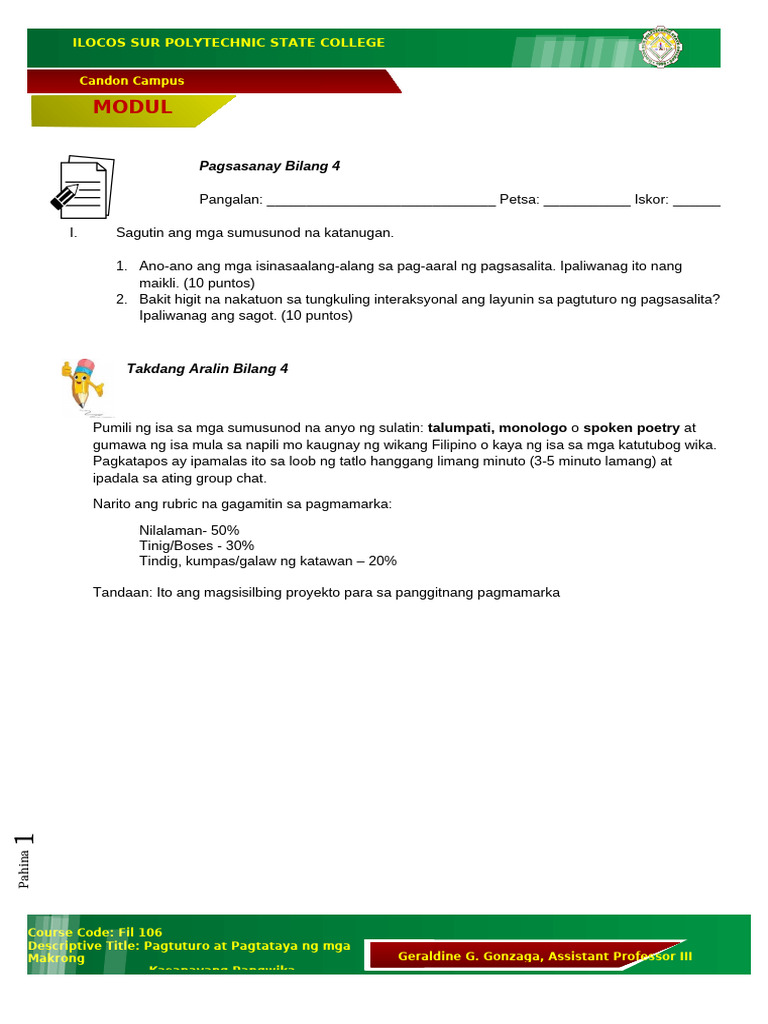 FIL 106 Pagsasanay Bilang 4 | PDF