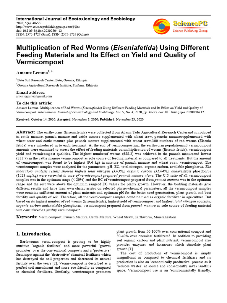 Multiplication of Red Worms Eiseniafetida Using Different 5cfxfoqgpy ...