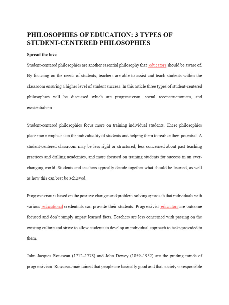 PHILOSOPHIES OF EDUCATION- 3 TYPES OF STUDENT-CENTERED PHILOSOPHIES | PDF