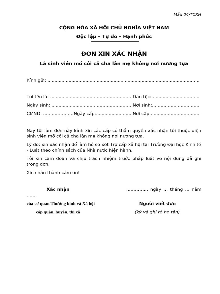 TCXH - Mau 04 - Don Xin Xac Nhan Mo Coi Cha Lan Me | PDF