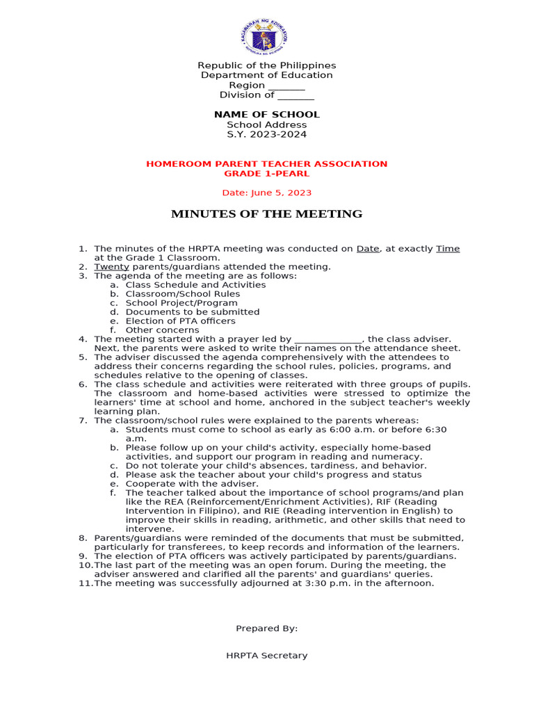 HPTA - Minutes of The Meeting - Sample | PDF