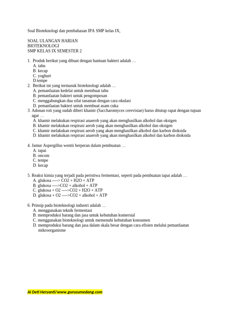 Soal Bioteknologi Dan Pembahasan IPA SMP Kelas IX | PDF