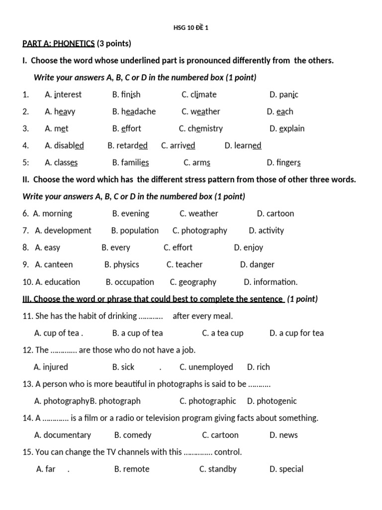 HSG 10 ĐỀ 1 | PDF