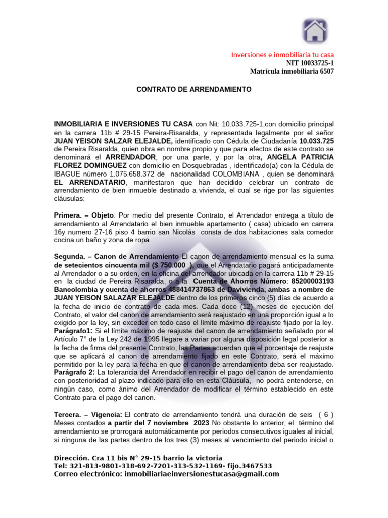 Contrato de Arrendamiento San Nicolas Piso 4 | PDF
