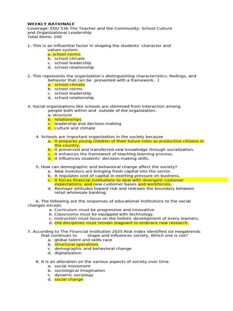 Edu 536 100-Item Rationale Questionnaire With Key | PDF