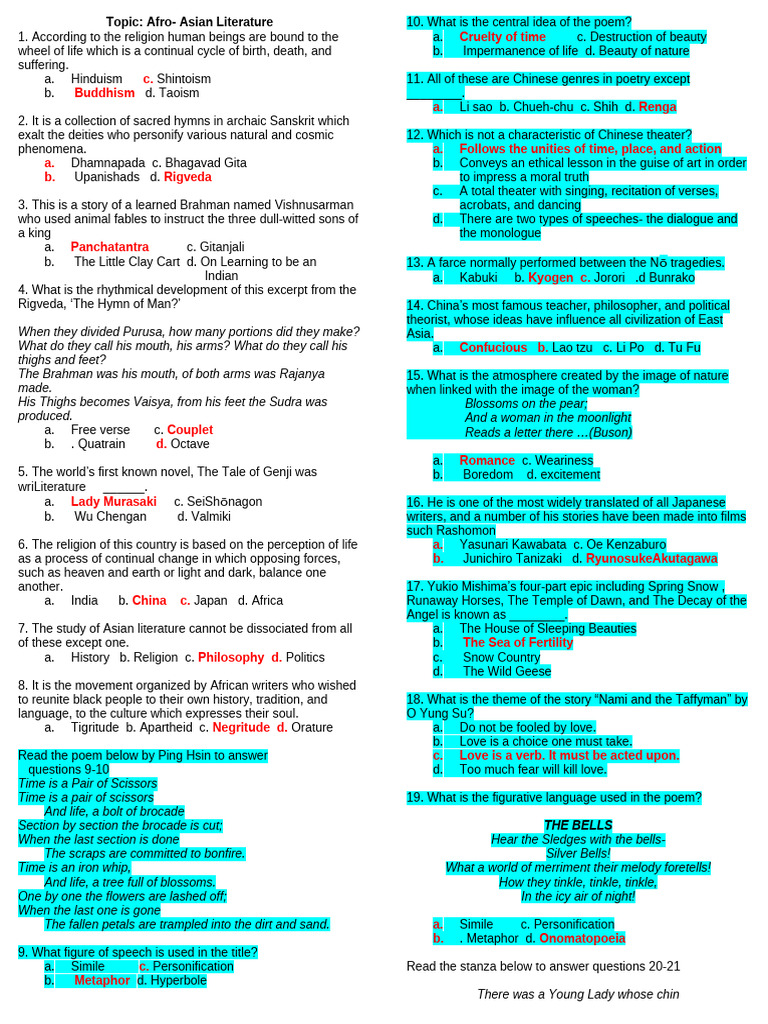 Afro-Asian-Questions - 2017key F | PDF | Japanese Literature | Young Adult