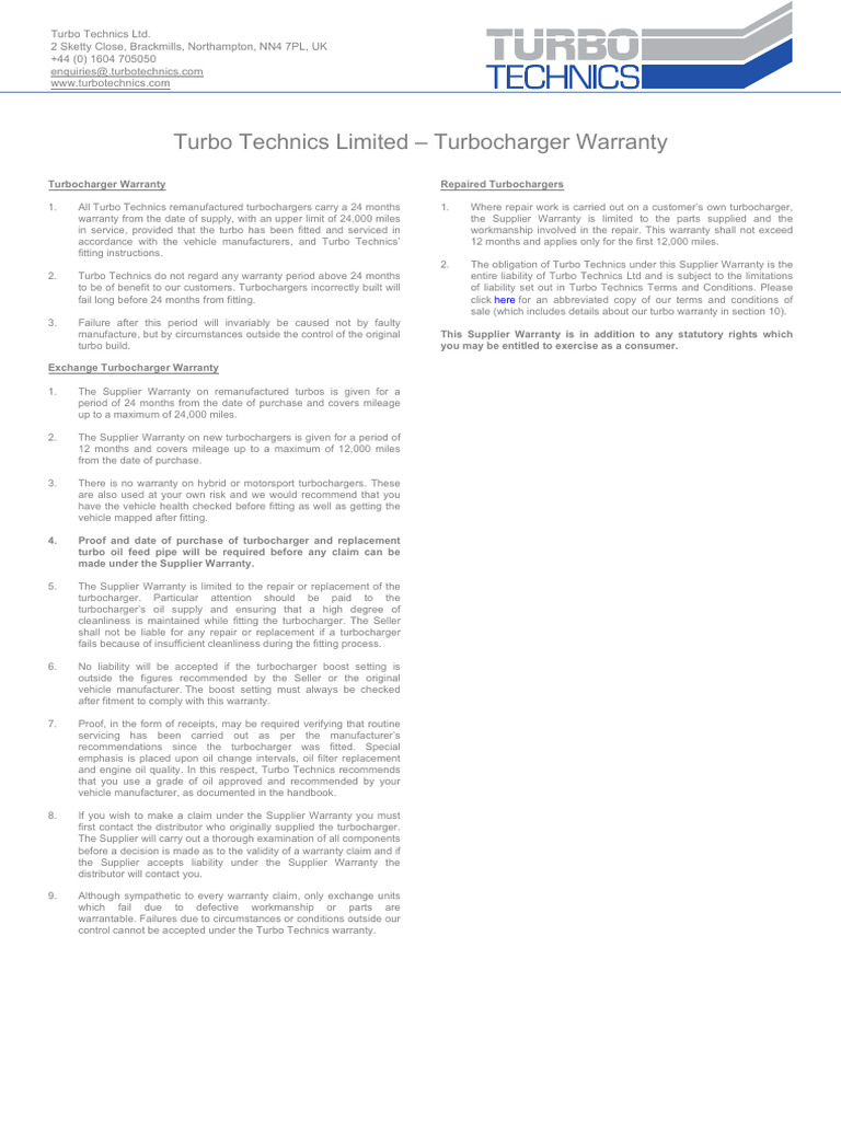 Turbo Technics Turbocharger Warranty | PDF