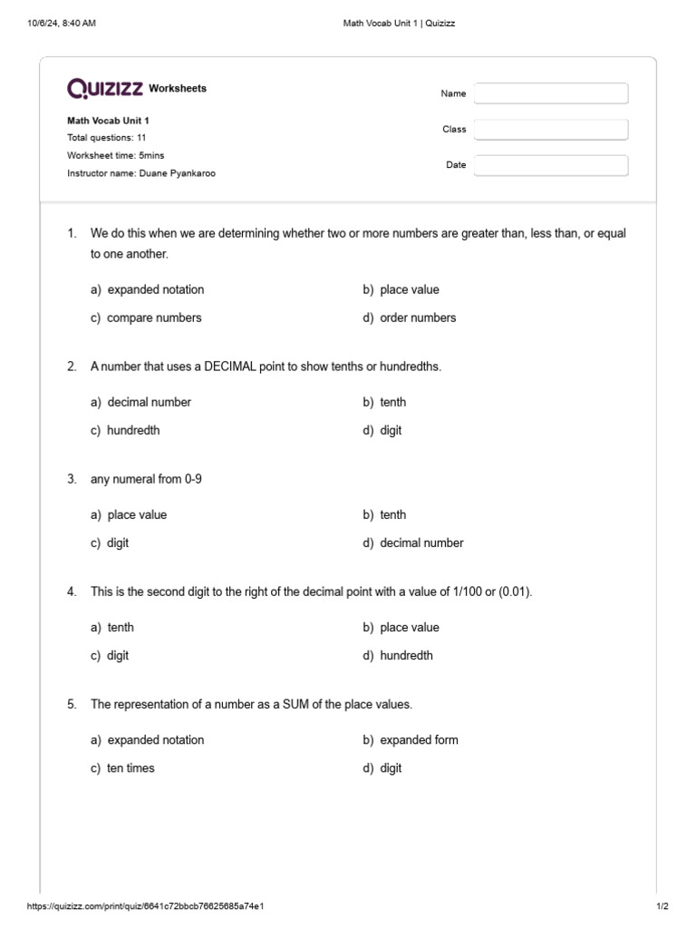 Math Vocab Unit 1 - Quizizz | PDF