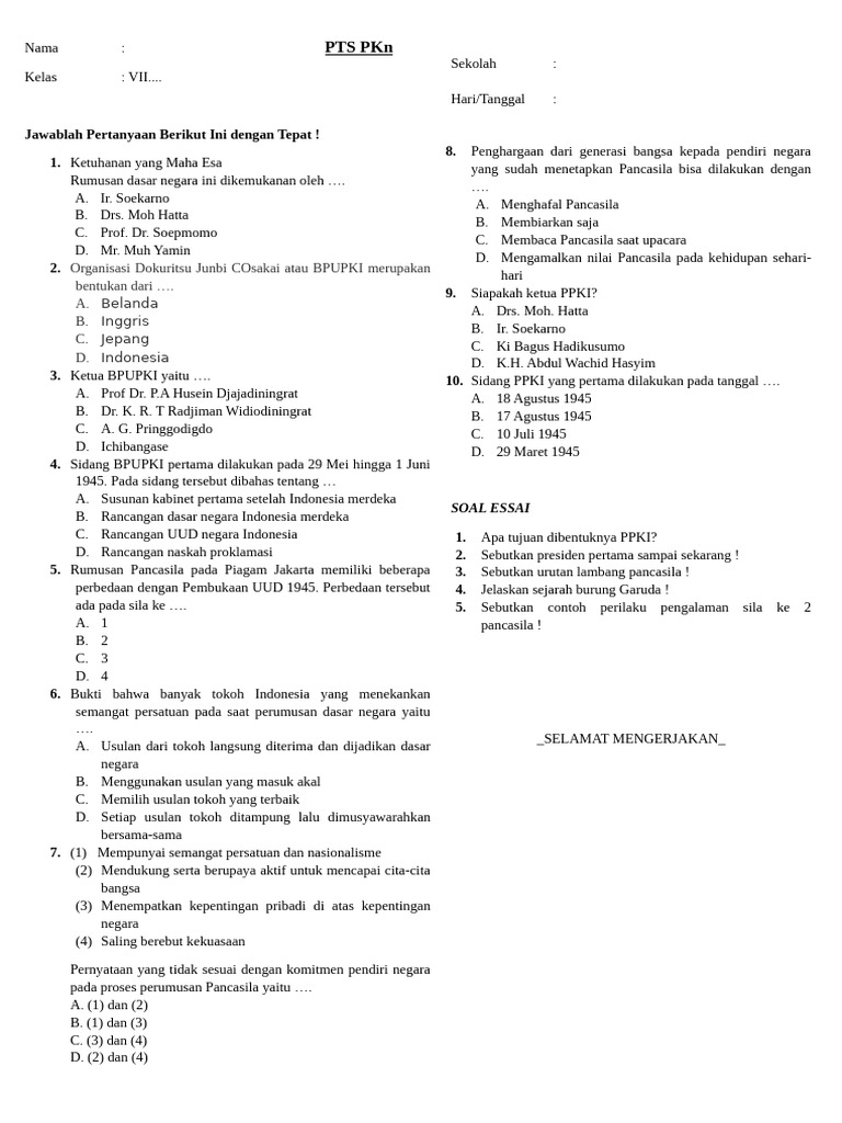 Soal PTS 7 PPKN SM 1 | PDF | Indonesian People | Travel